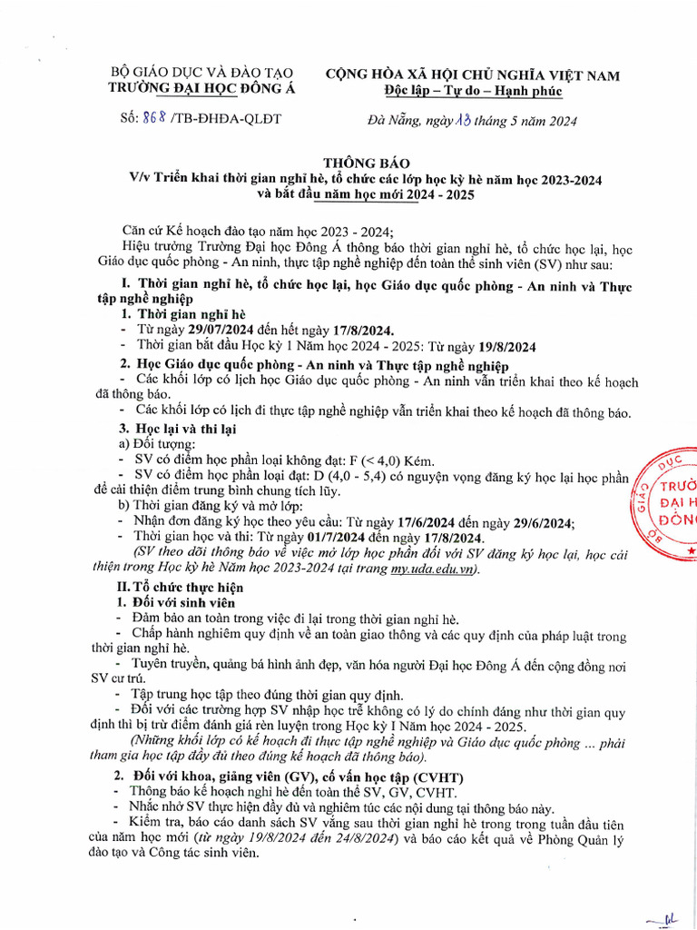 Thong Bao Trien Khai Thoi Gian Nghi He To Chuc Cac Lop Hoc Ky He Nam Hoc 2023 2024 Va Bat Dau ...