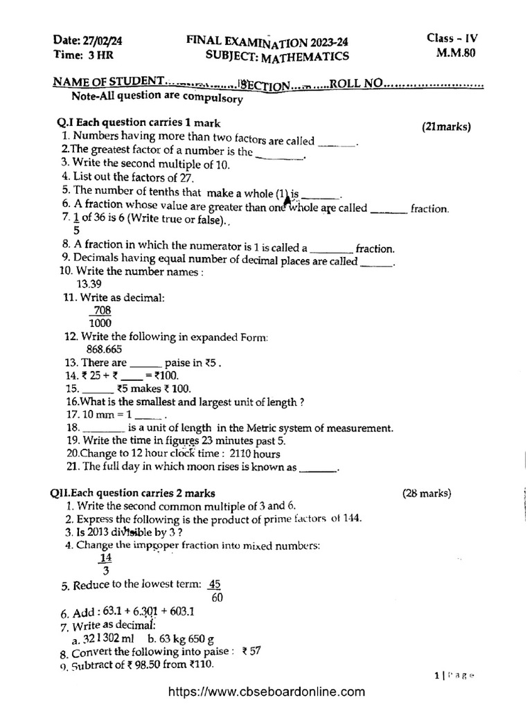 Cbse Class 4 Mathematics 290224 Feb 2024 | PDF