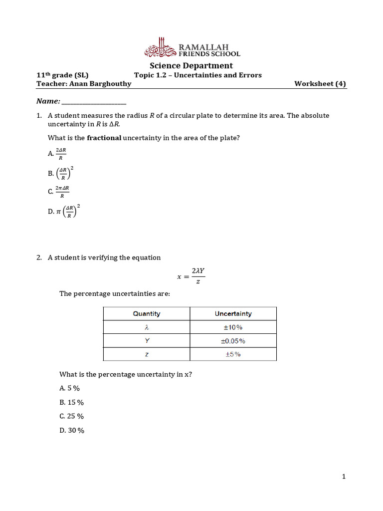 Uncertainties Errors Paper I 2019 Pdf
