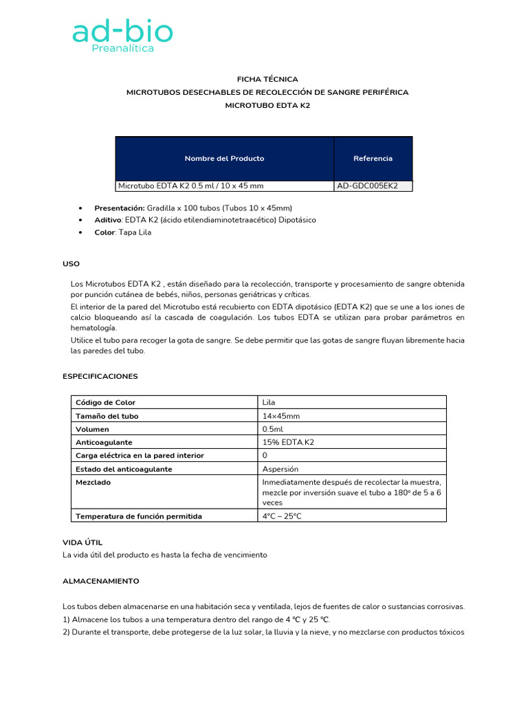 Ficha Tecnica Microtubo AD-BIO EDTA | PDF