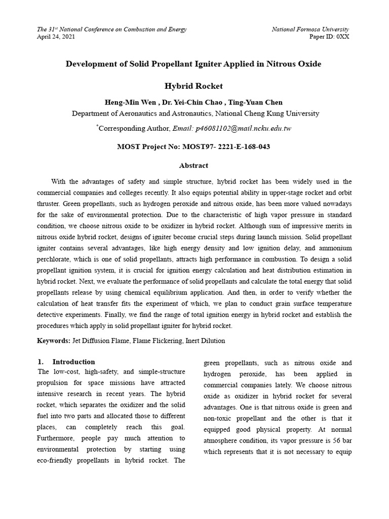 2021-NCCE-Development of A Solid Propellant Ignitor Applied in Nitrous Oxide Hybrid Rocket | PDF ...