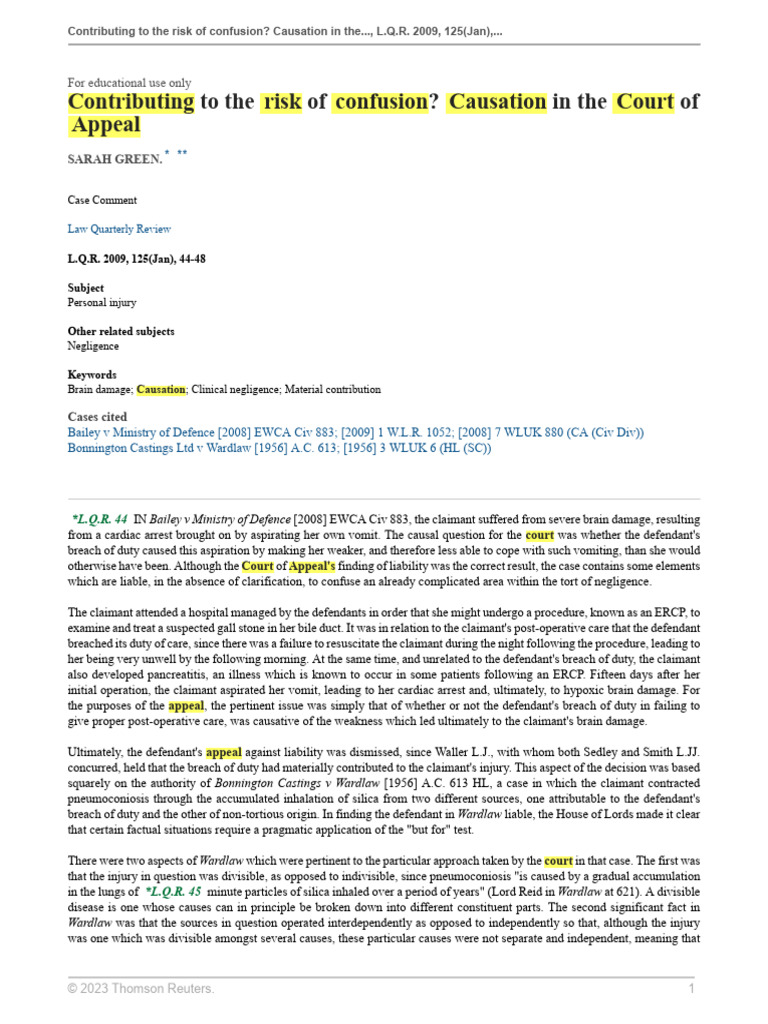 Contributing to the risk of confusion Causation in the Court of Appeal | PDF