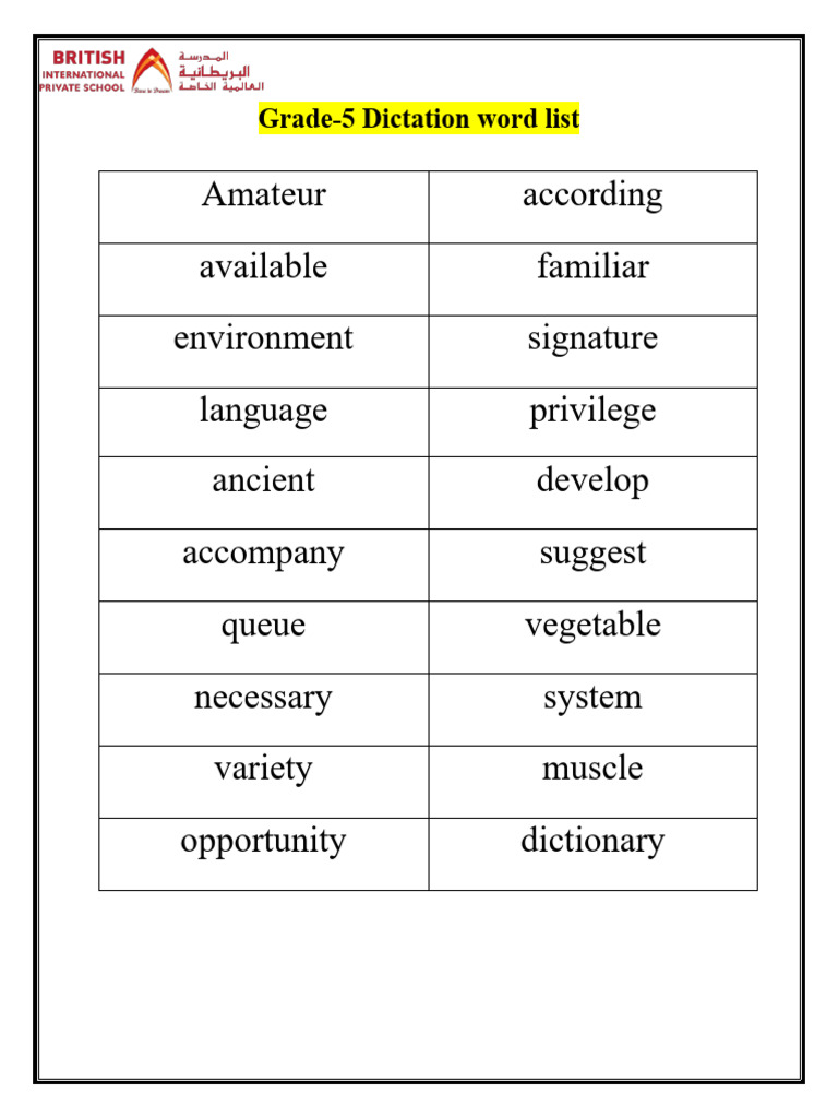 Grade - 5 Dictation Word List | PDF