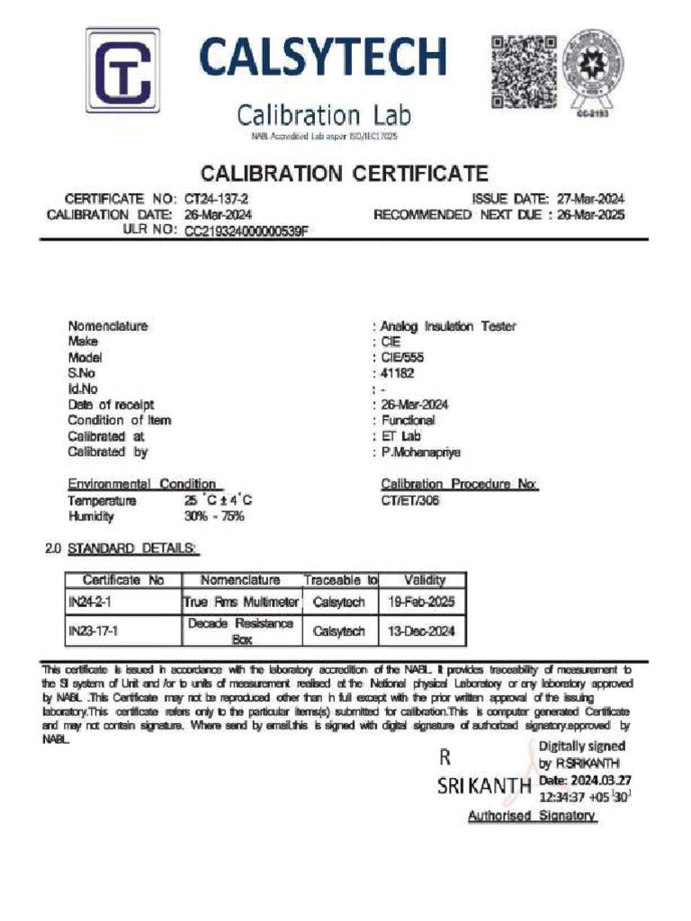 Calibration certificate for Analouge Insulation tester | PDF