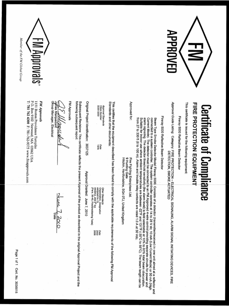FFE Fireray 5000 Approval Certificate FM Det | PDF