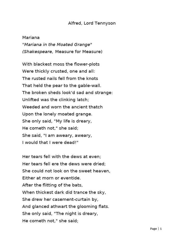 Tennyson's Poems: Mariana & The Lady of Shalott | PDF | Poetry