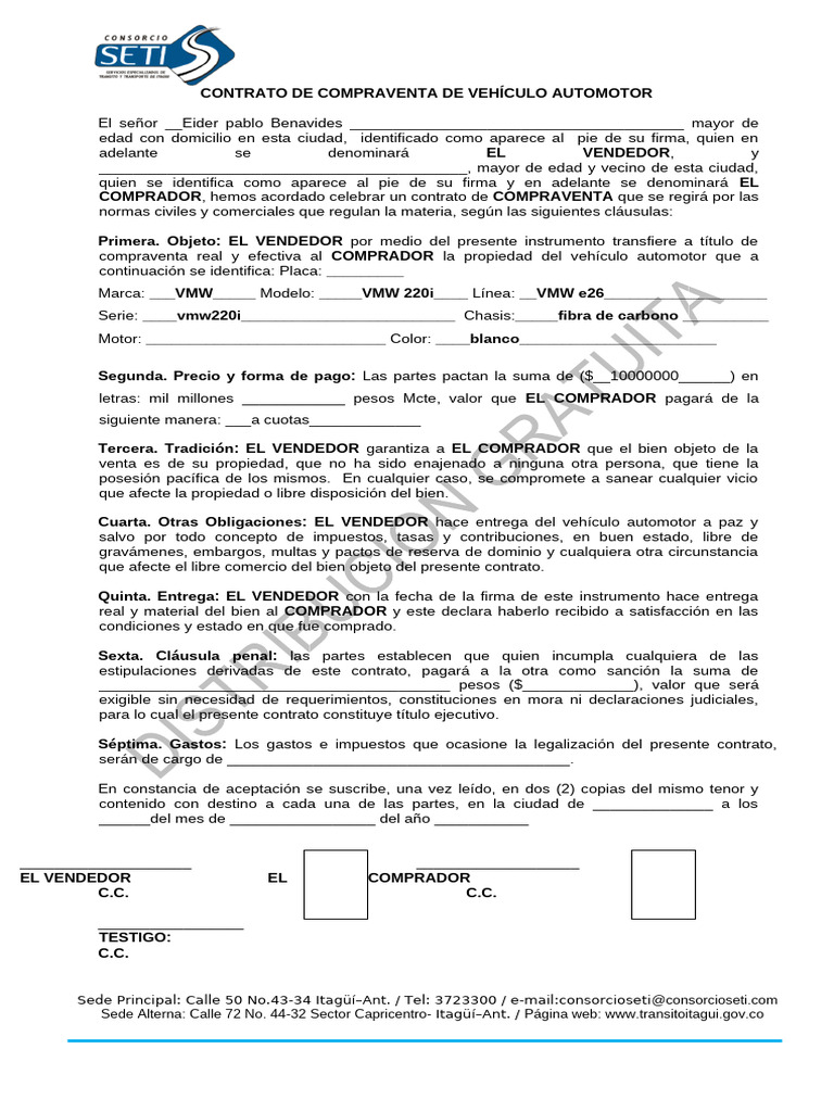 Formato Contrato de Compraventa de Vehículo Automotor | PDF