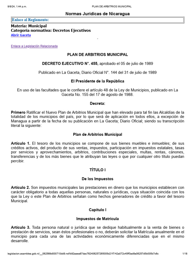 Plan de Arbitrios Municipal Nicaragua | PDF