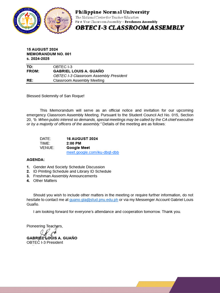 MEMORANDUM NO. 001 s. 2024-2025 | PDF
