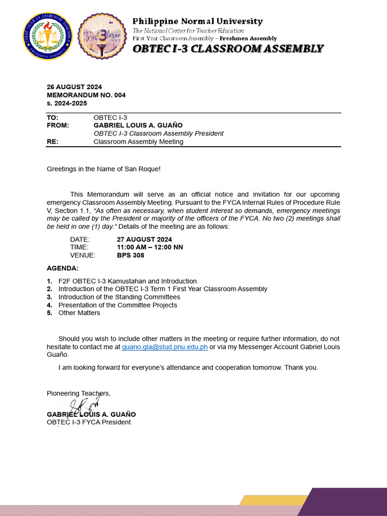 MEMORANDUM NO. 004 S. 2024-2025 | PDF