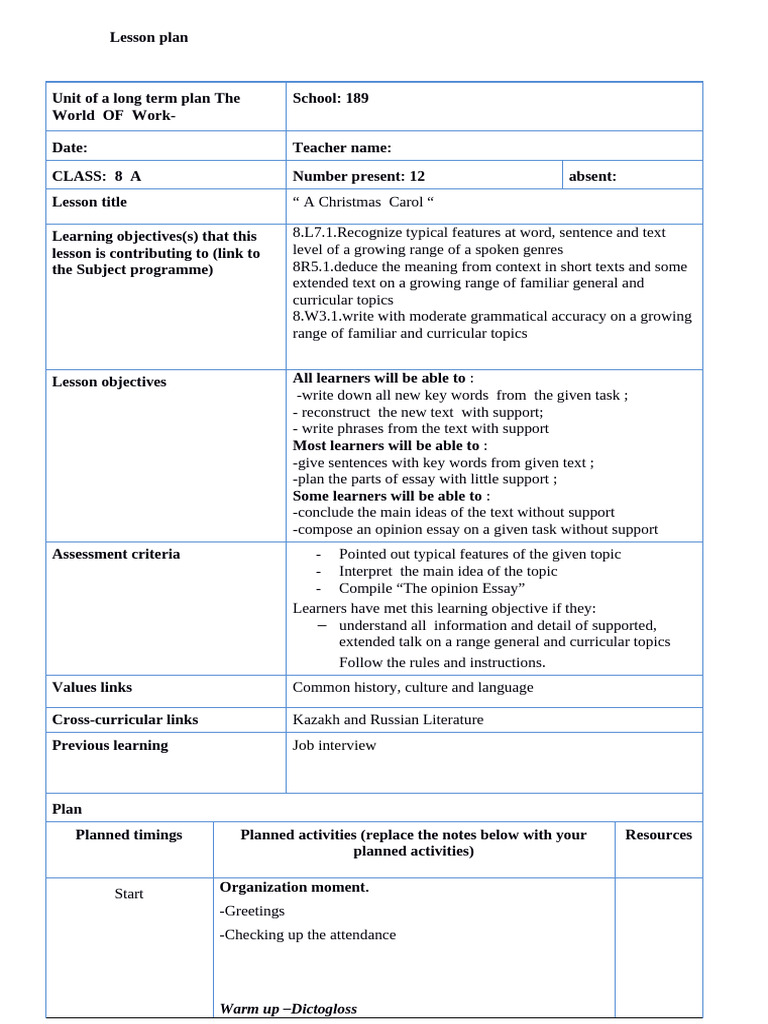 Christmas Carol Lesson Plan for Grade 8 | PDF | Ebenezer Scrooge ...