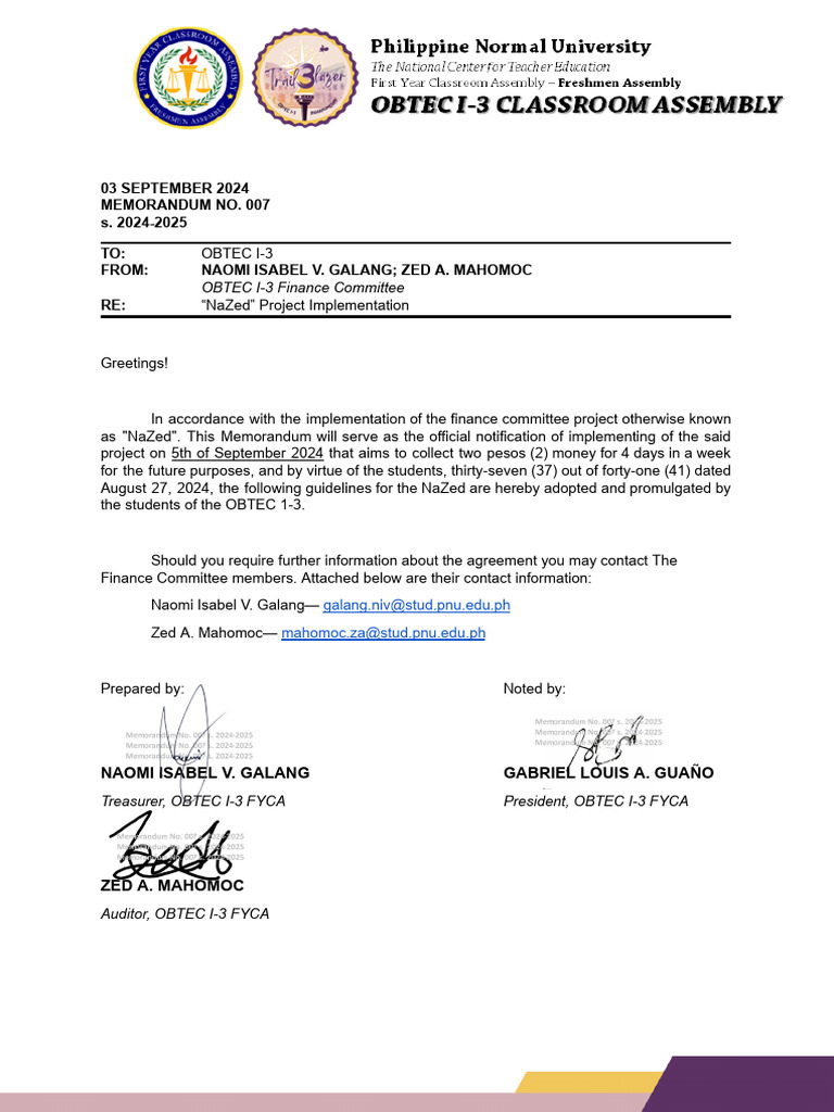 MEMORANDUM NO. 007 S. 2024-2025 | PDF