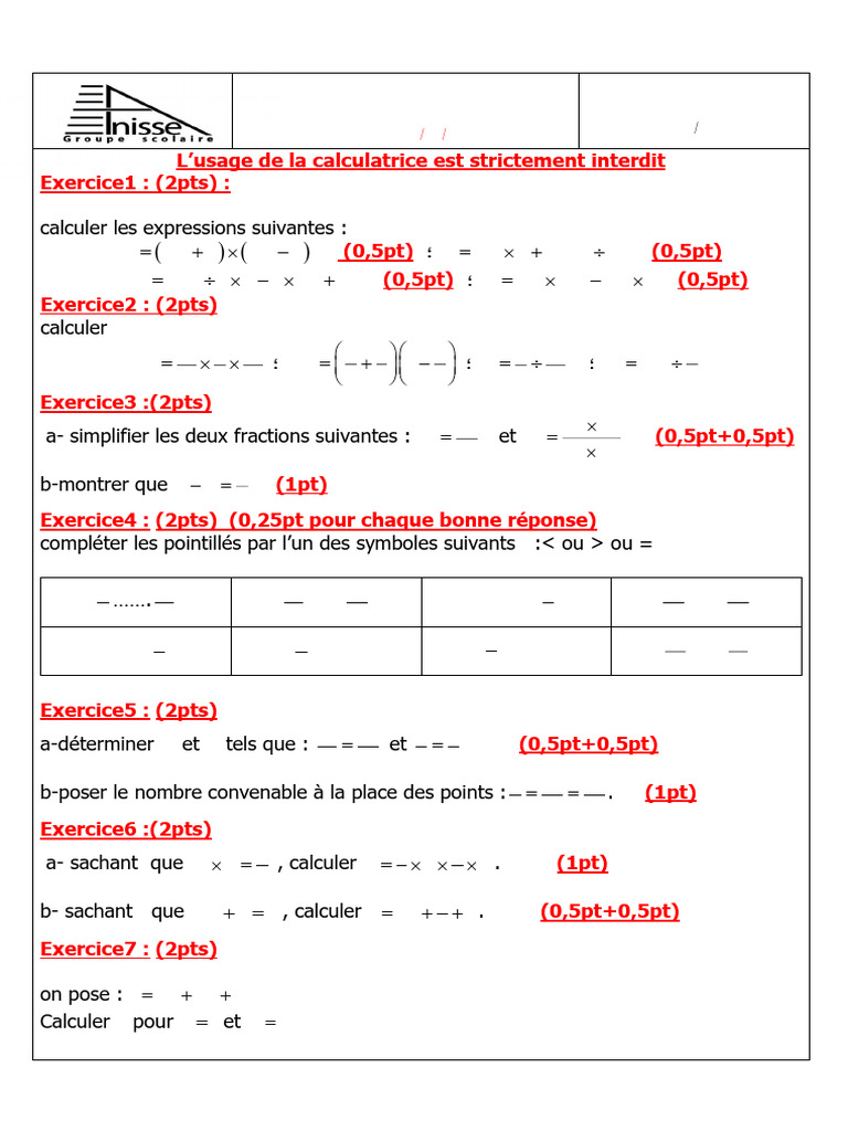 Devoir 1 Maths 1college 1er Semestre Sections Internationales Option ...