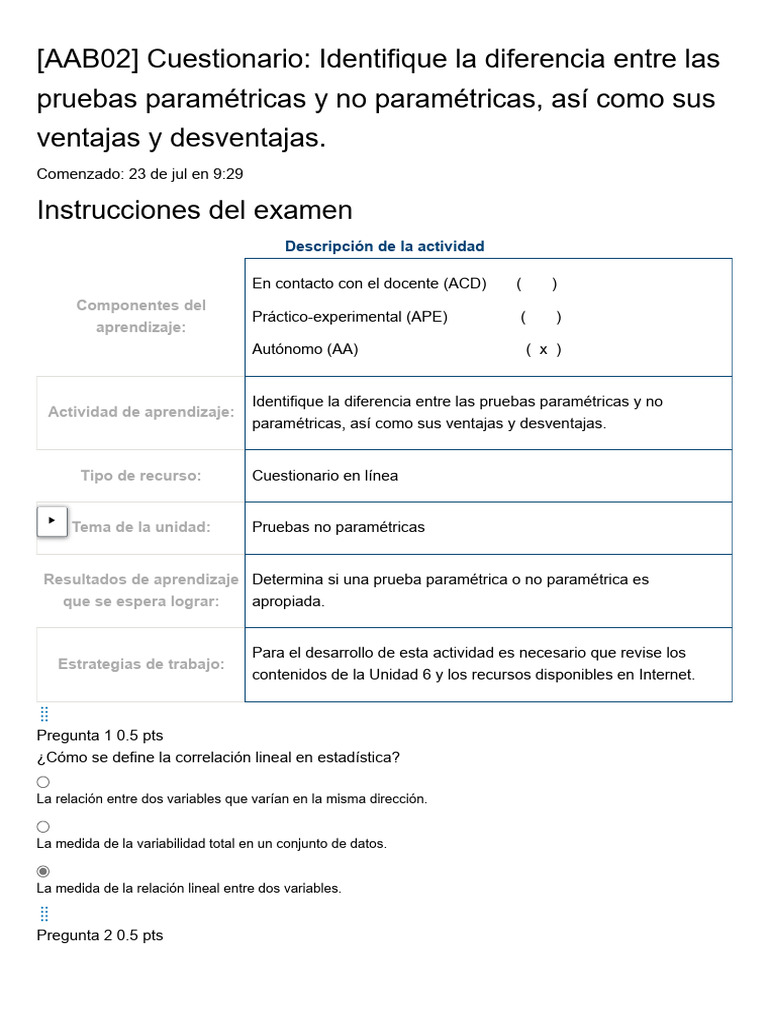 Cuestionario - Identifique La Diferencia Entre Las Pruebas Paramétricas ...