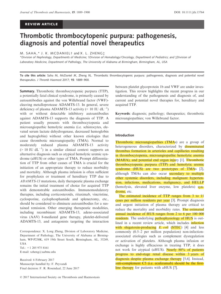 Thrombotic Thrombocytopenic Purpura Pathogenesis, Diagnosis and Potential Novel Therapeutics | PDF
