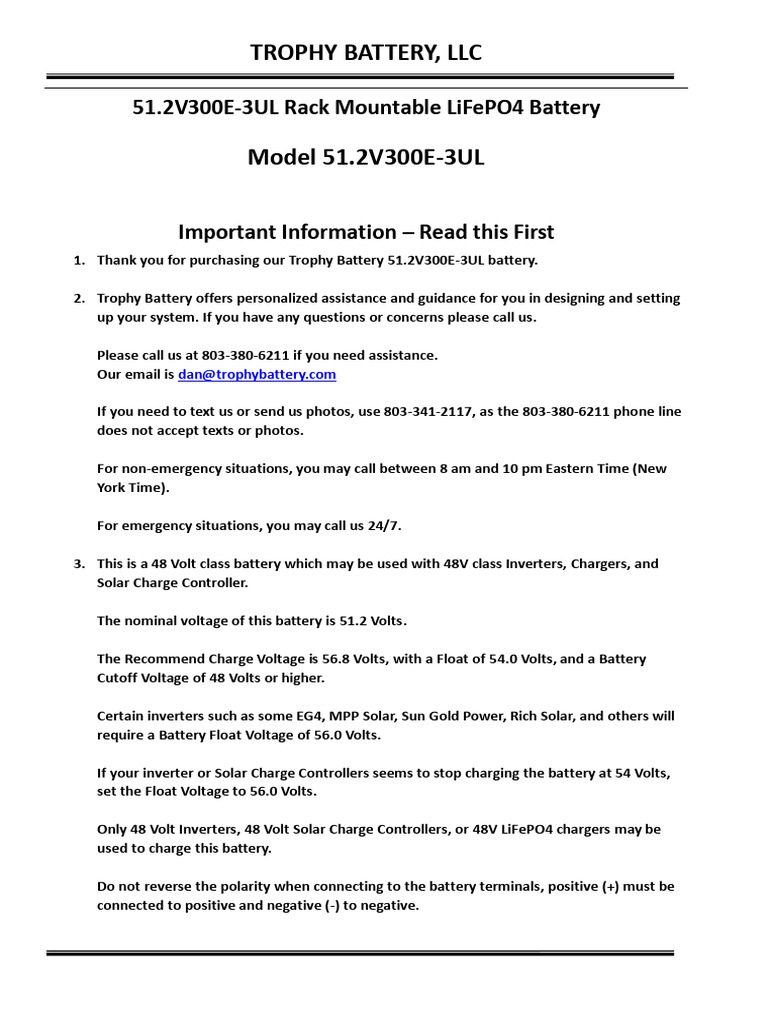 Trophy Battery 51.2V300E 3UL Battery Specification Book Manual 6 2023 ...
