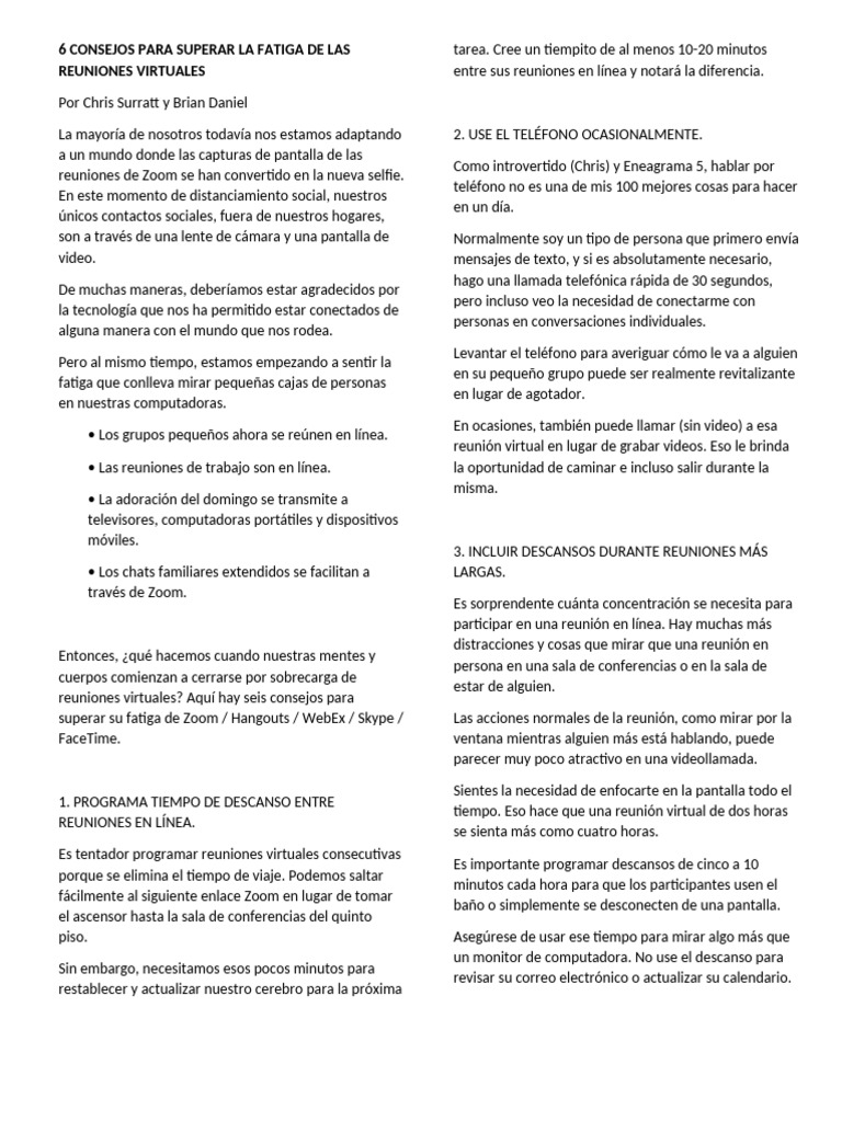 6 Consejos Para Superar La Fatiga de Las Reuniones Virtuales | PDF 6 Consejos Para Superar La Fatiga de Las Reuniones Virtuales | PDF