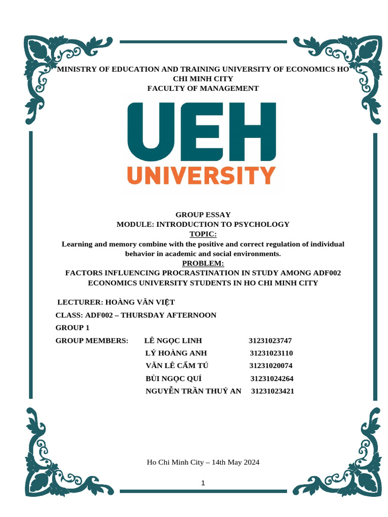 Group 1 Factors Influencing Procrastination in Study Among ADF002 UEH ...