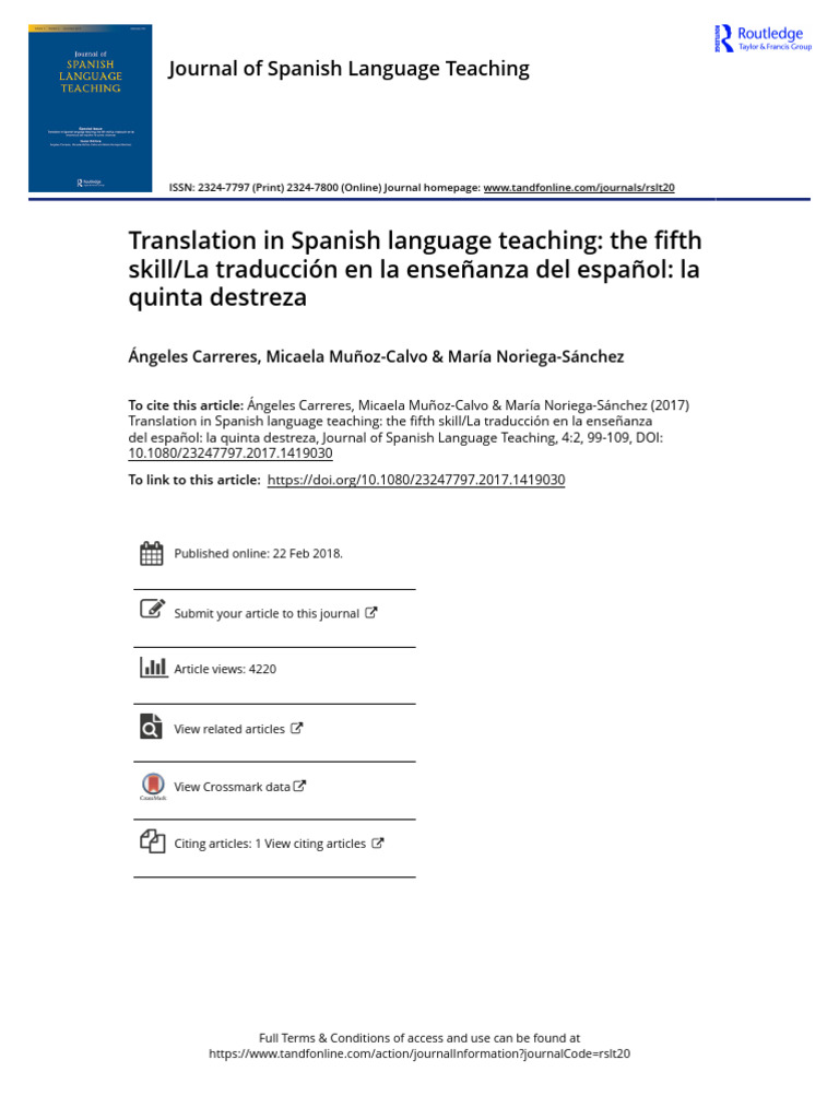 Translation in Spanish Language Teaching The Fifth Skill La Traducci N en La Ense Anza Del Espa ...