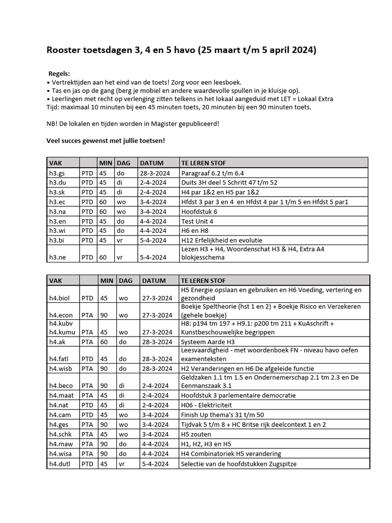 Rooster Toetsdagen 3, 4 en 5 Havo (25 Maart TM 5 April 2024) | PDF