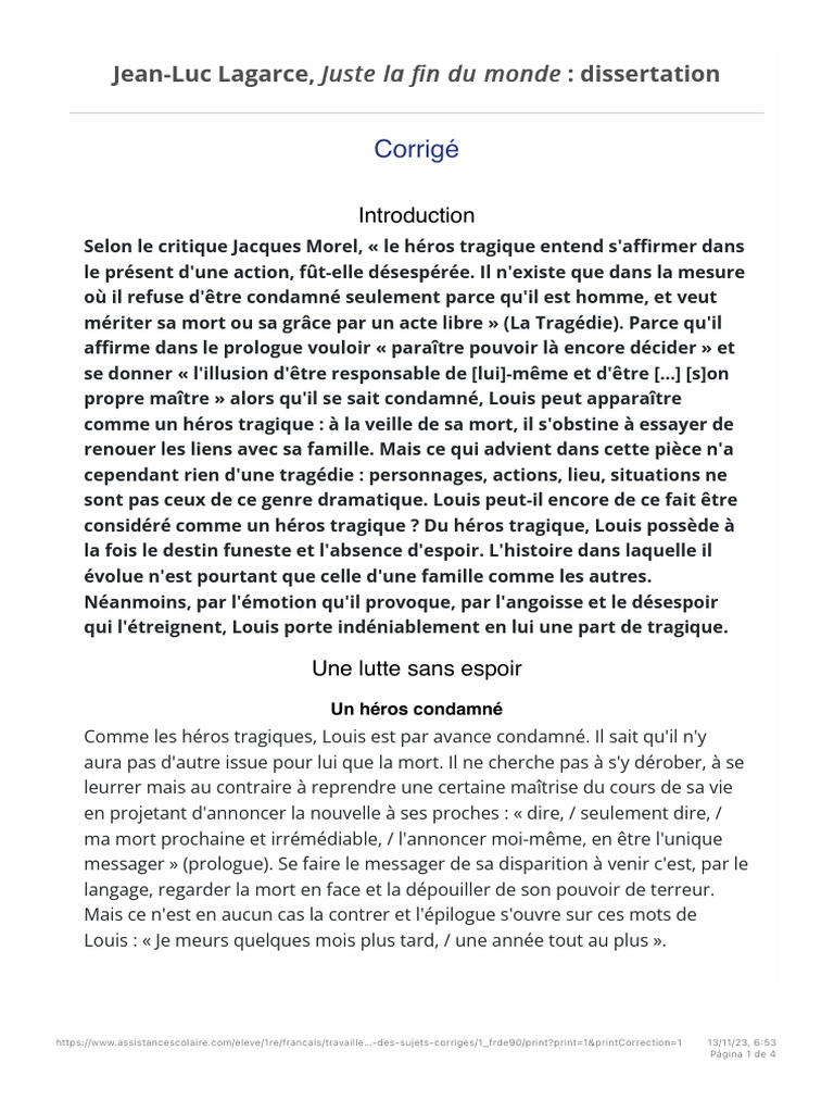Jean-Luc Lagarce, Juste La Fin Du Monde - Dissertation - Assistance Scolaire Per | PDF
