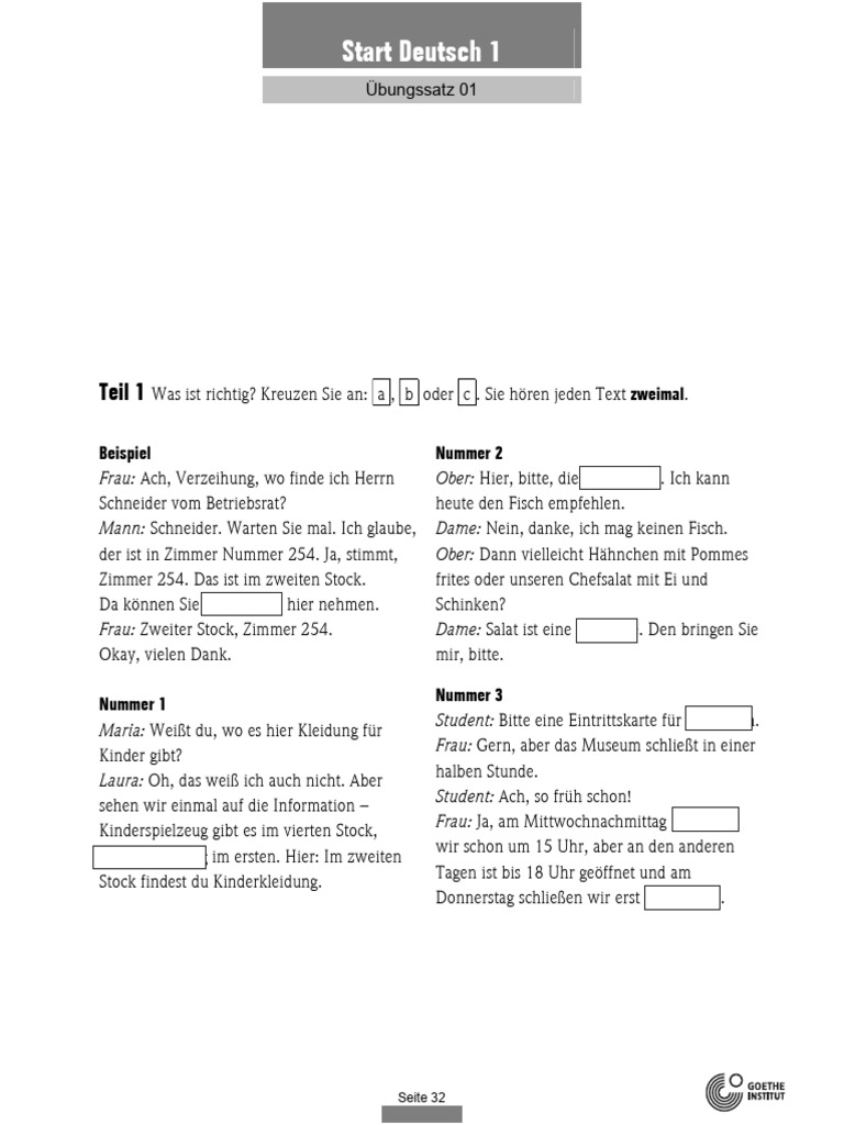 Lückentext - Transkript Hören - Uebungsatz 01 - A1.2 | PDF
