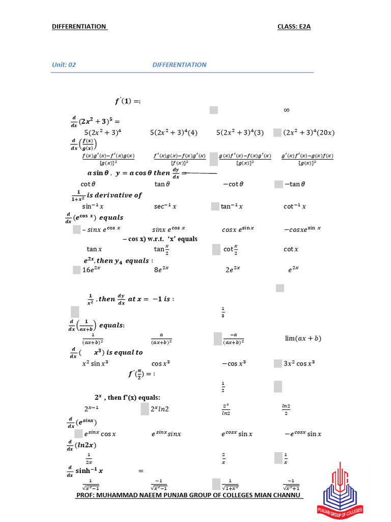 DIFFERNTIATION (MCQS) Unit 2 Math 2nd Year | PDF | Derivative | Real Analysis