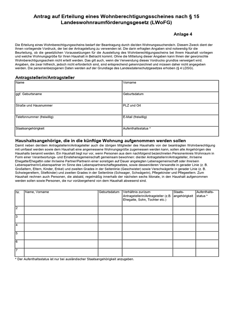 Vordruck - Antrag Auf Einen Wohnberechtigungsschein Anlage 4 | PDF