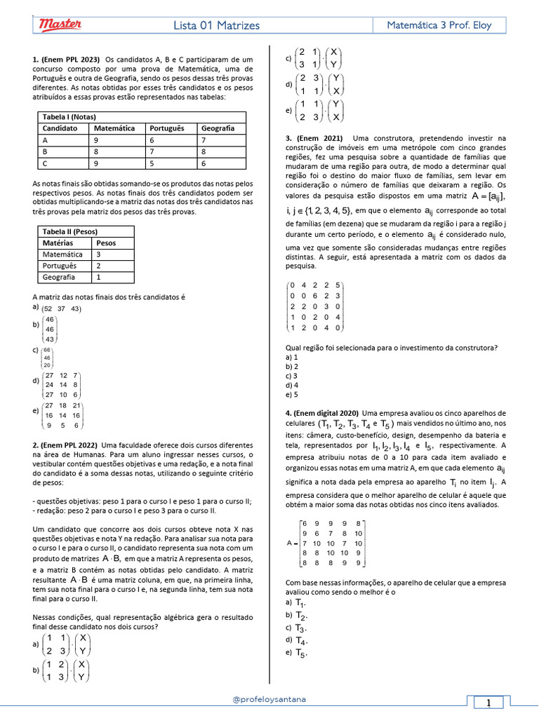 Lista 1 Matrizes Mat1 | PDF