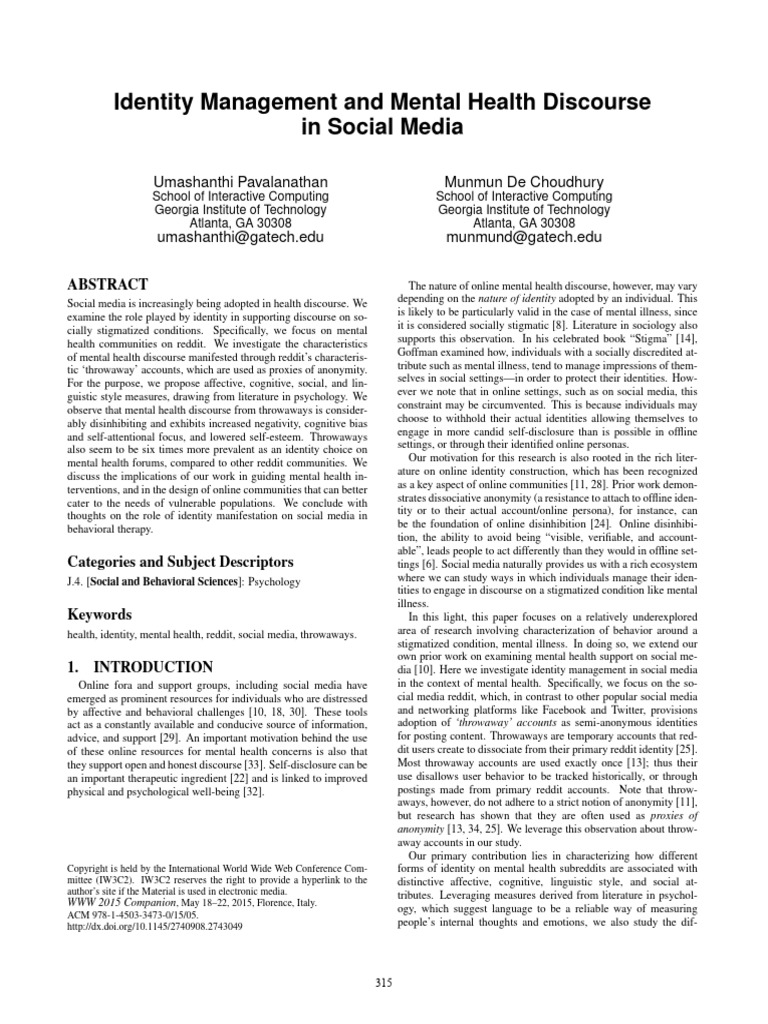 Identity Management and Mental Health Discourse in Social Media | PDF ...