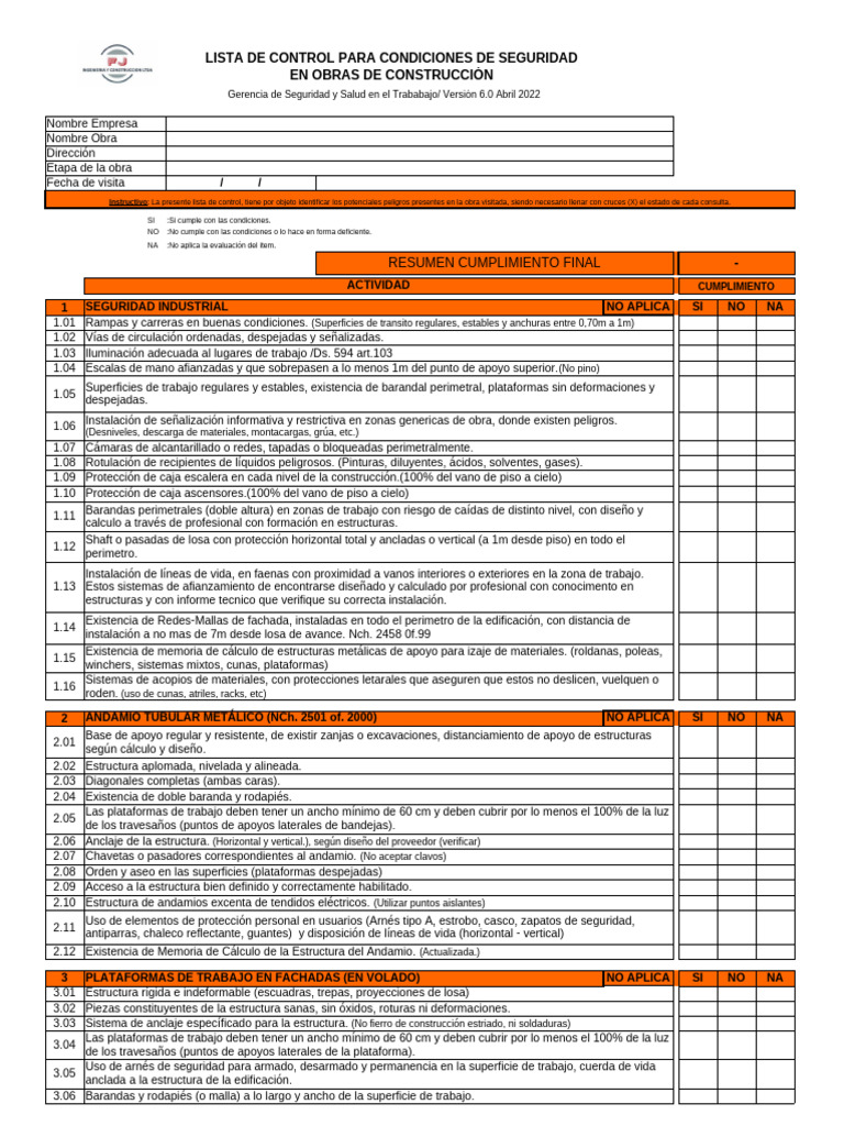 Lista de Verificacion Trabajos en Altura en Sector Construccion | PDF