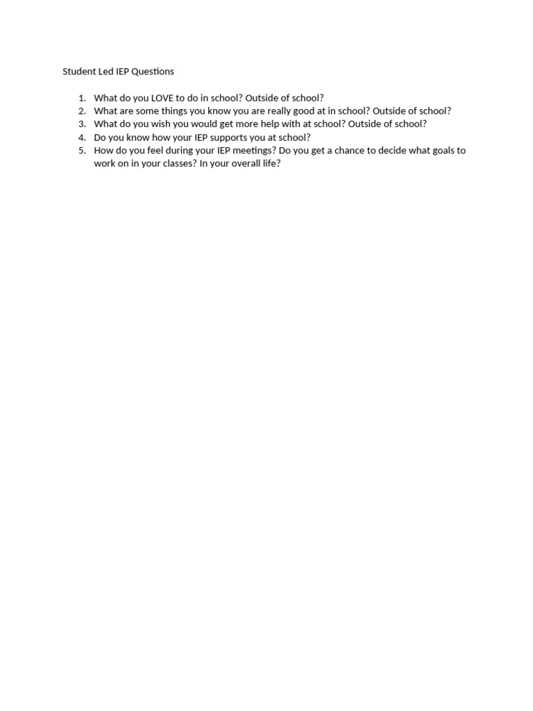 Student Led IEP Questions | PDF
