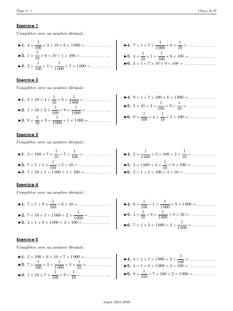 Decomposition Des Nombres Decimaux Serie D Exercices 4 | PDF