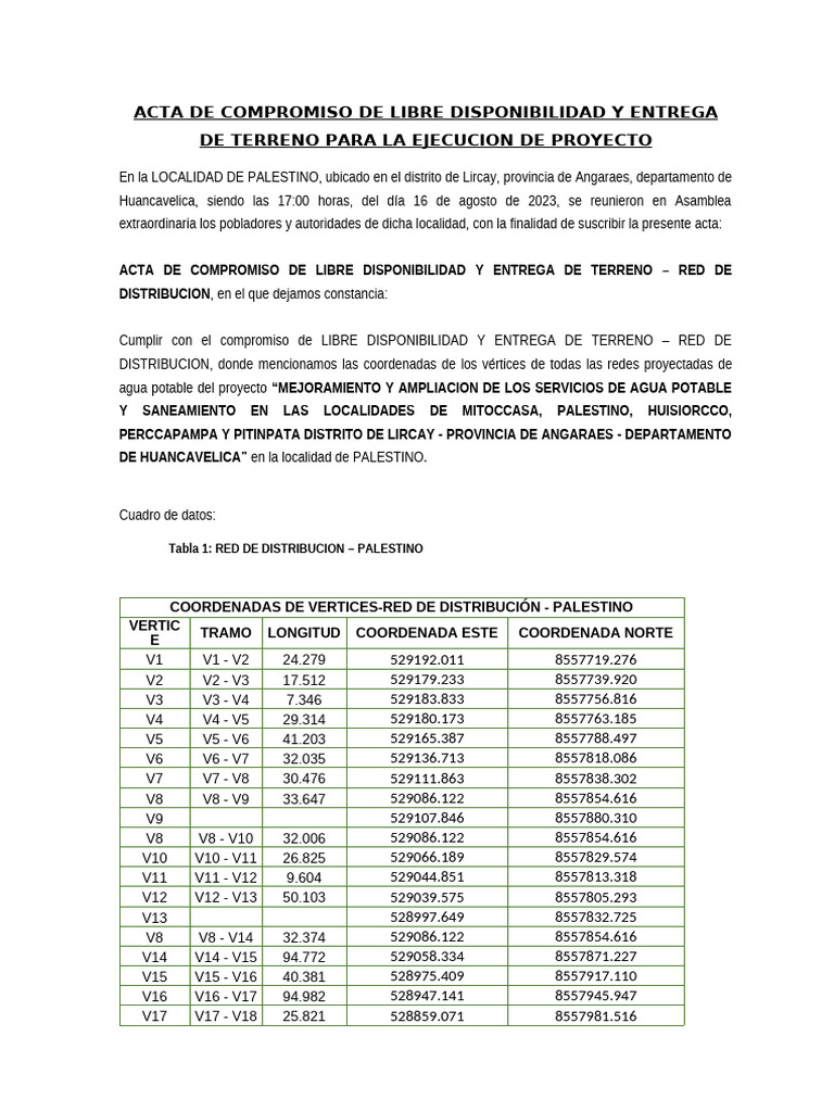 Acta de Libre Disponibilidad de Terreno - Red de Distribucion ...