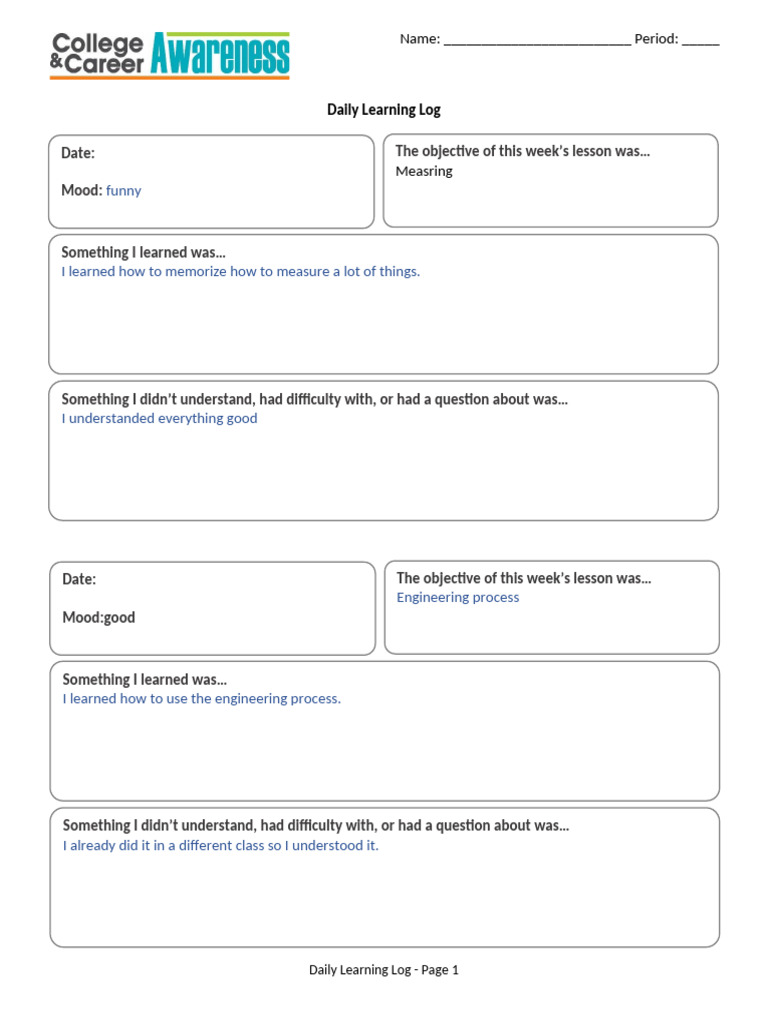 Learning Log (Daily - FIllable) | PDF