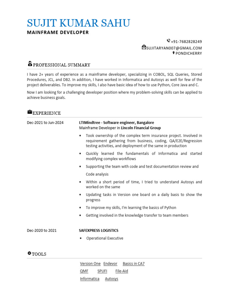 Sujit Kumar Sahu (Resume) | PDF | Ibm Db2 | Computing
