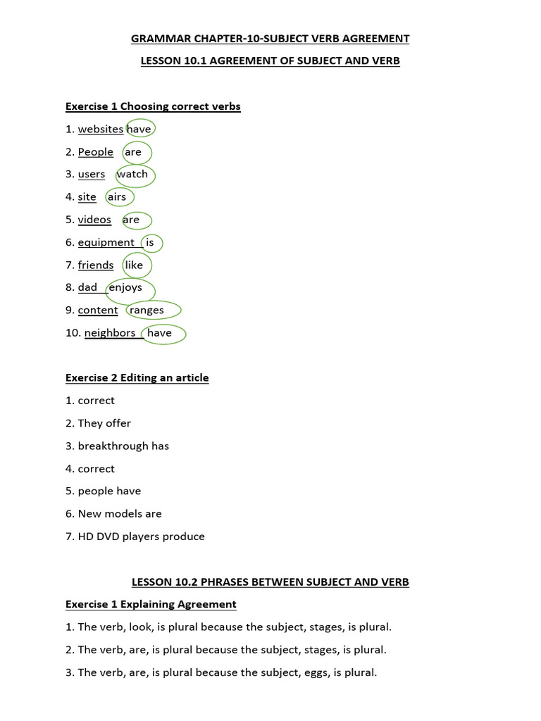 Grade 6 Grammar Chapter 10-Subject Verb Agreement Answers | PDF