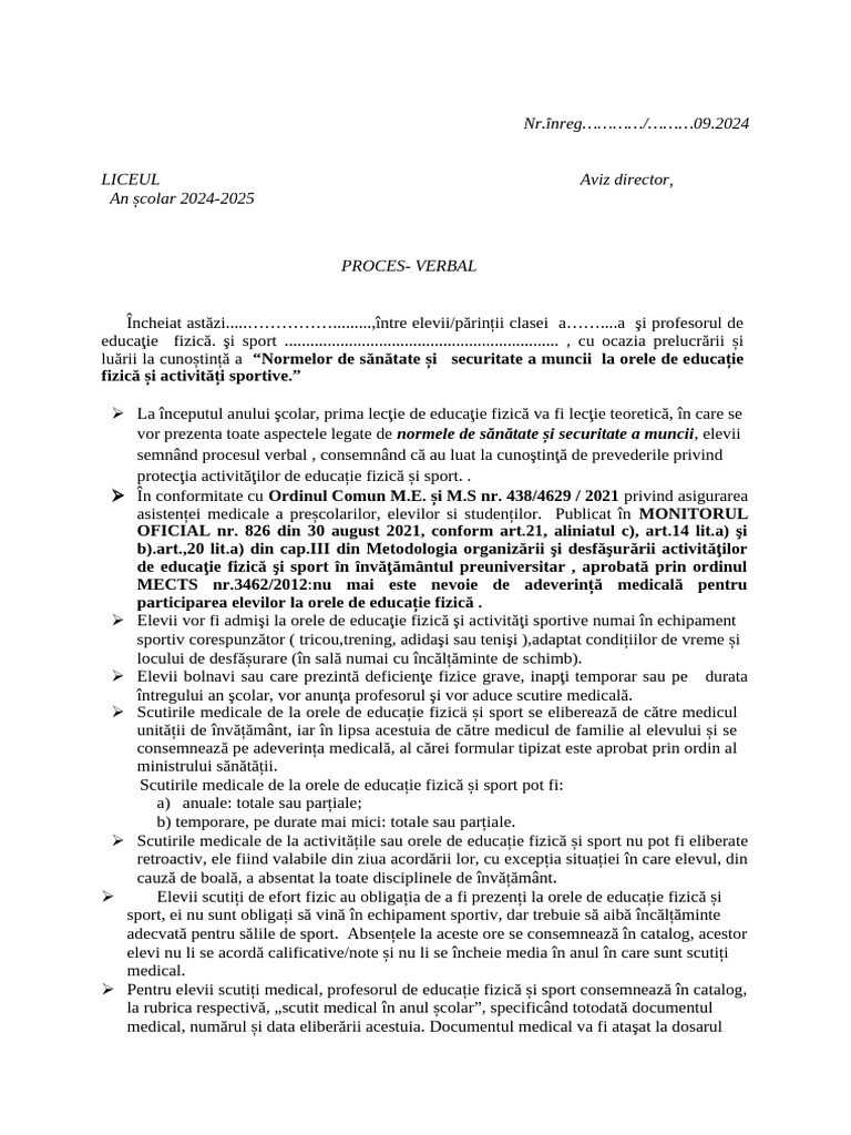 MODEL PROCES VERBAL EDUCATIE FIZICA An Scolar 2024-2025 | PDF