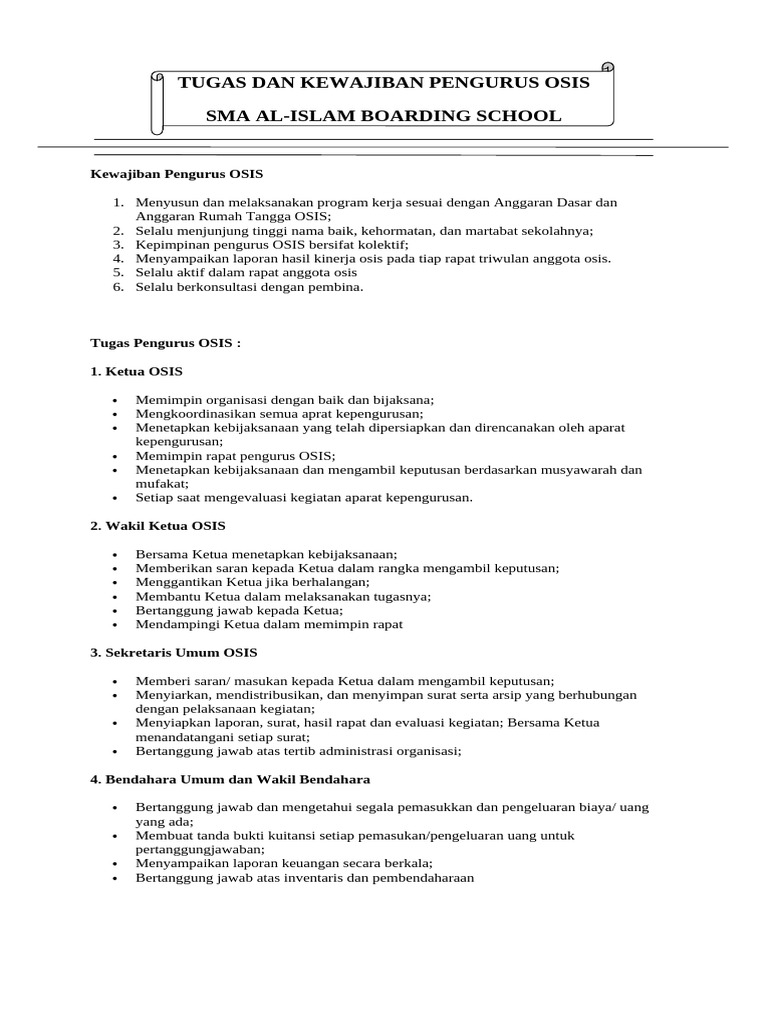 Tugas Dan Kewajiban Pengurus Osis | PDF