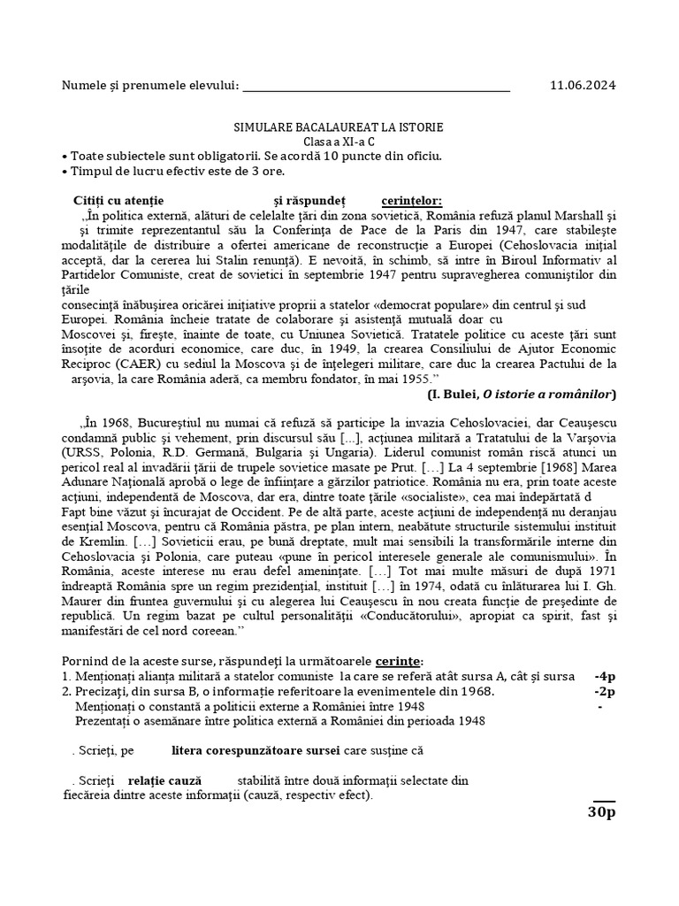 SIMULARE BAC - CLS A 11-A C-IUNIE 2024 | PDF