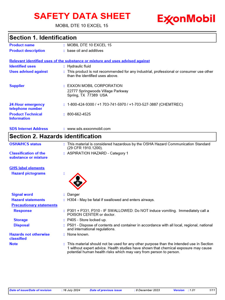 DTE 10 EXCEL 15 - MSDS (16 July 2024) | PDF