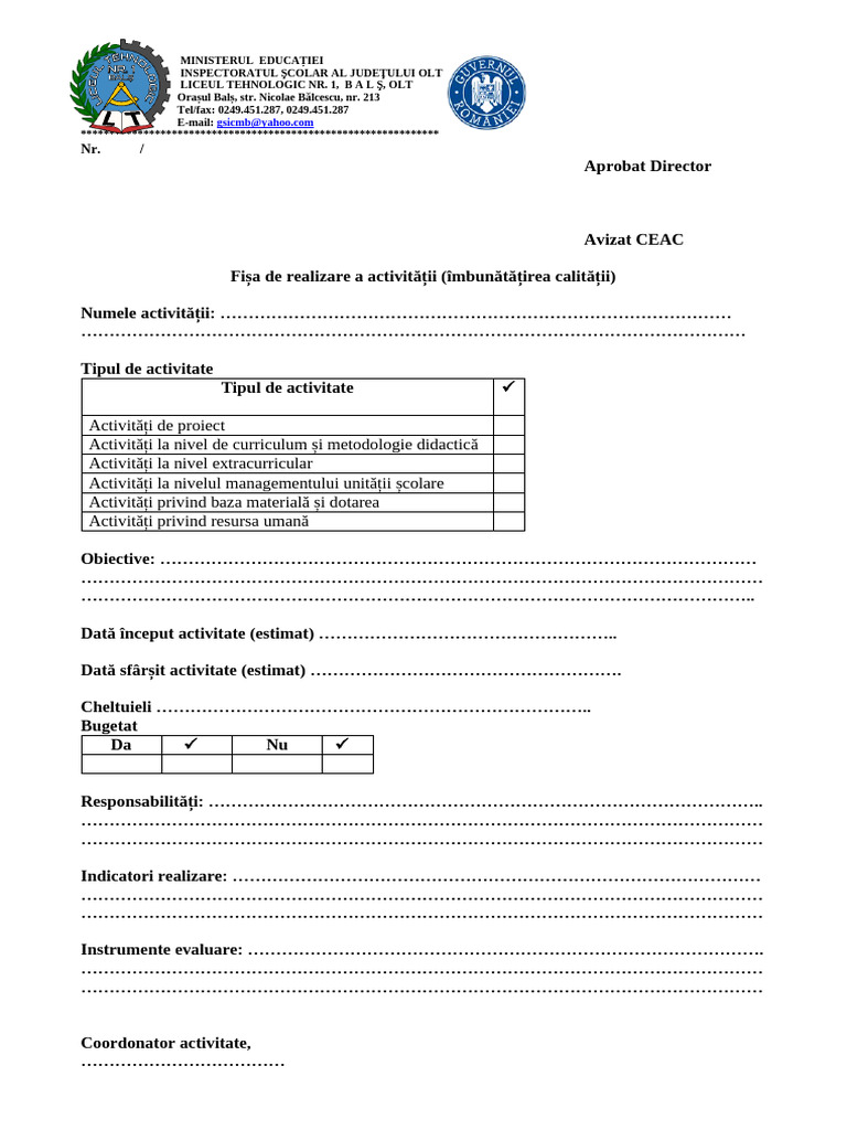 Model Fisa Realizare Activitate (Îmbunătățirea Calității) | PDF