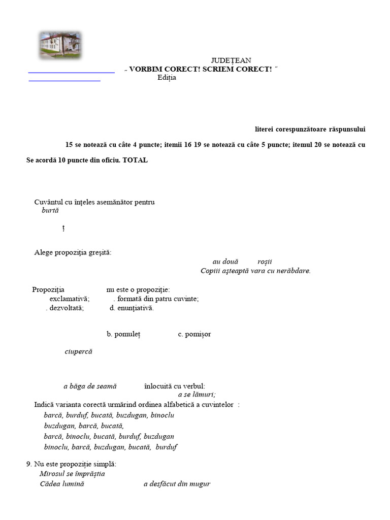 VORBIM CORECT SCRIEM CORECT Subiecte CLASA A IV A | PDF