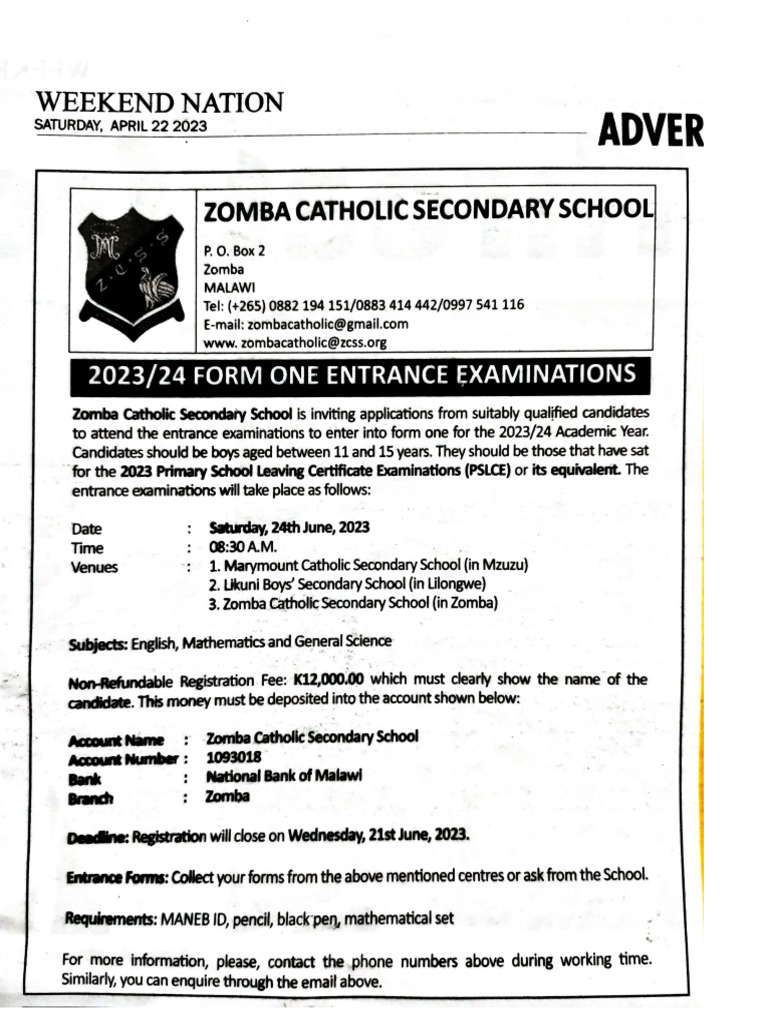 Zomba Cath Sec Sch. Form 1 Entrance Exams | PDF
