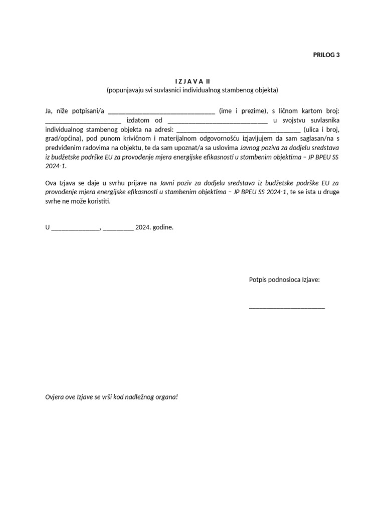 Stambeni Prilog 3 - Izjava II | PDF