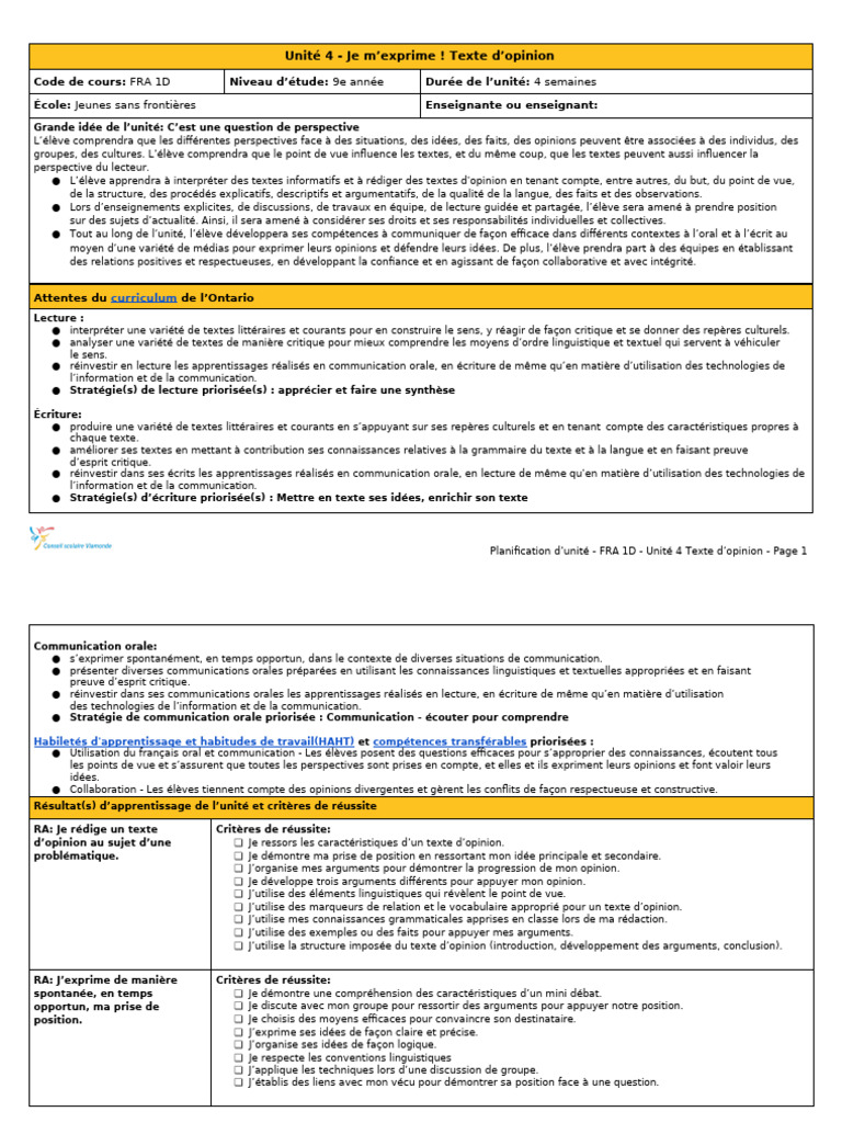Exemple de Planification de L'unité FRA1D | PDF