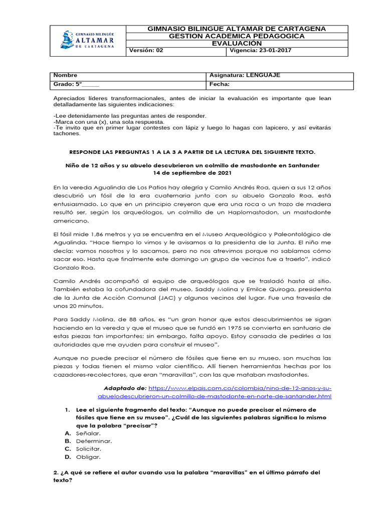 5° - Evaluacion Intermedia - Iii Periodo | PDF