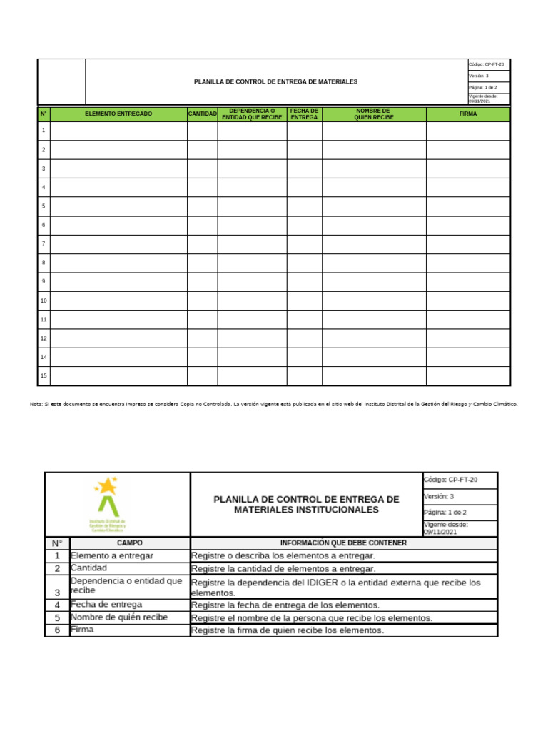 PD-FT-20 Formato Planilla de Control de Entrega de Materiales V3 | PDF