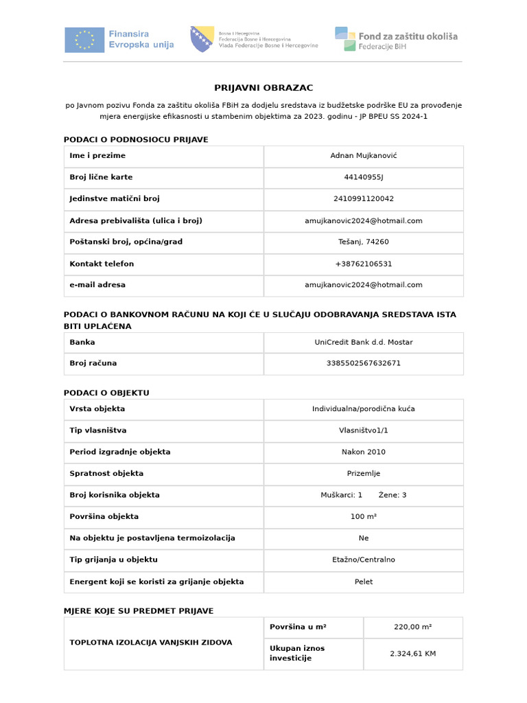 Prijavni Obrazac: Podaci O Podnosiocu Prijave | PDF