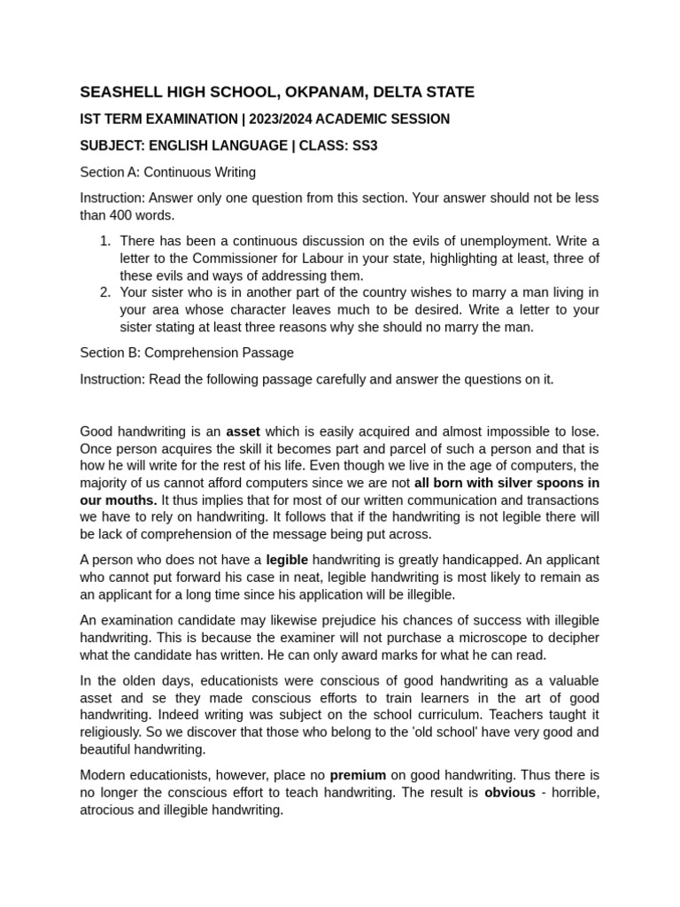 SS3 First Term English Language Exam | PDF